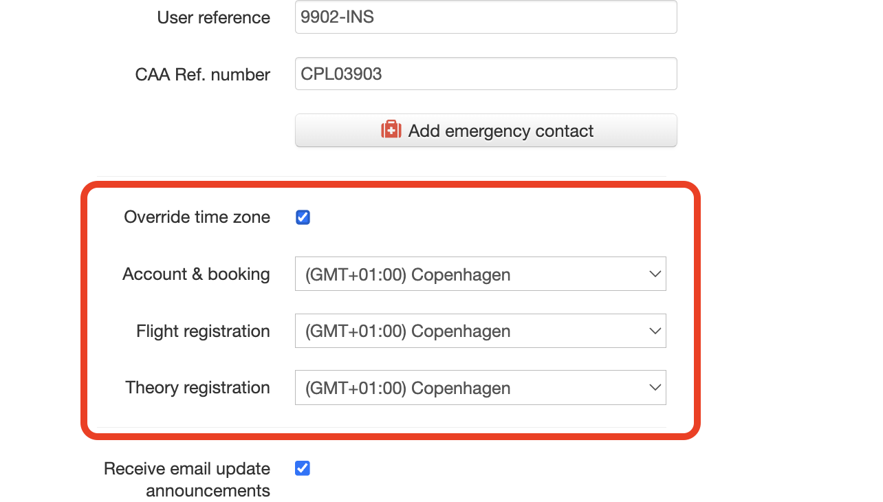 Changing user-specific time zone settings
